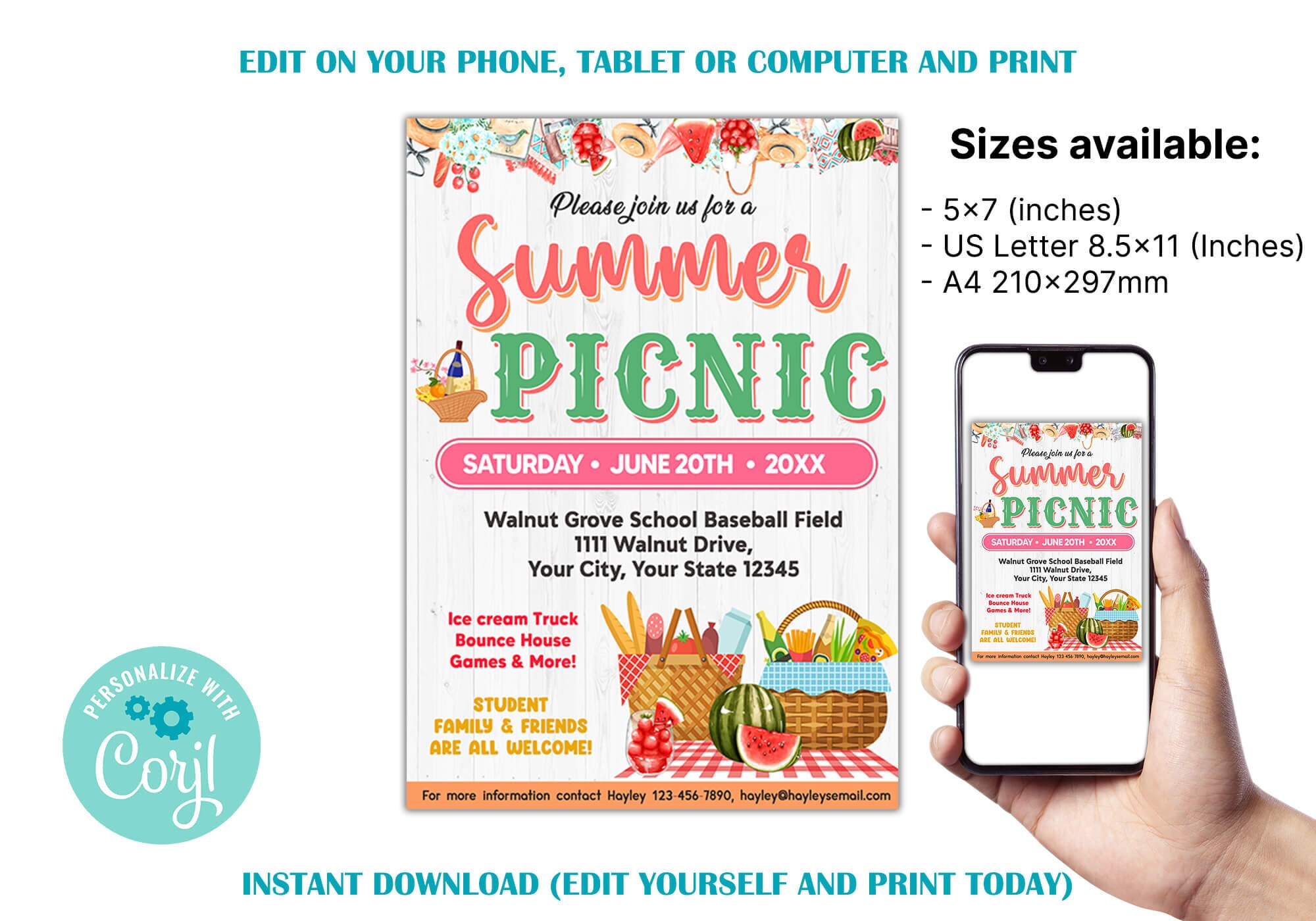 Editable Summer Picnic Invitation Digital, Family Company Picnic Party ...