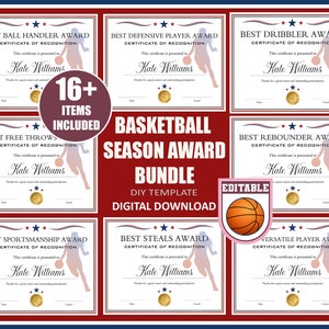 EDITABLE End of Season Basketball Award Certificates for Girls, Red ...