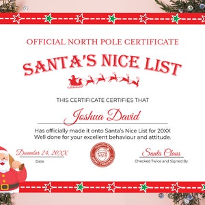 Editable Santa Certificate, Cute Nice List Certificate, Santa Claus ...