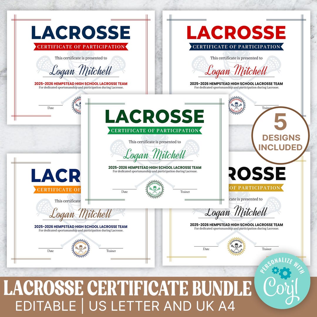 DIY Editable Lacrosse Certificate Template Bundle | Printable Lacrosse ...