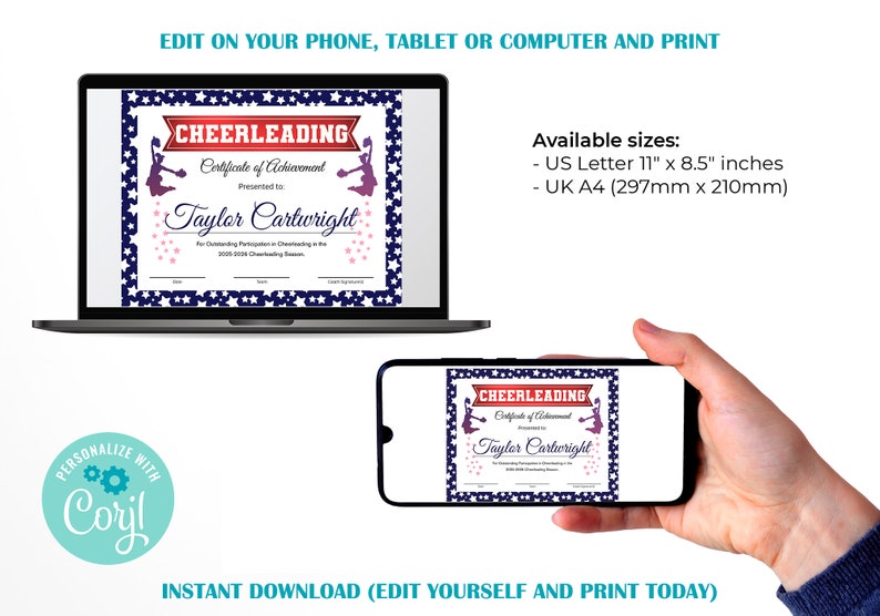 Editable Cheer Certificates Cheerleader Certificate Red and - Etsy