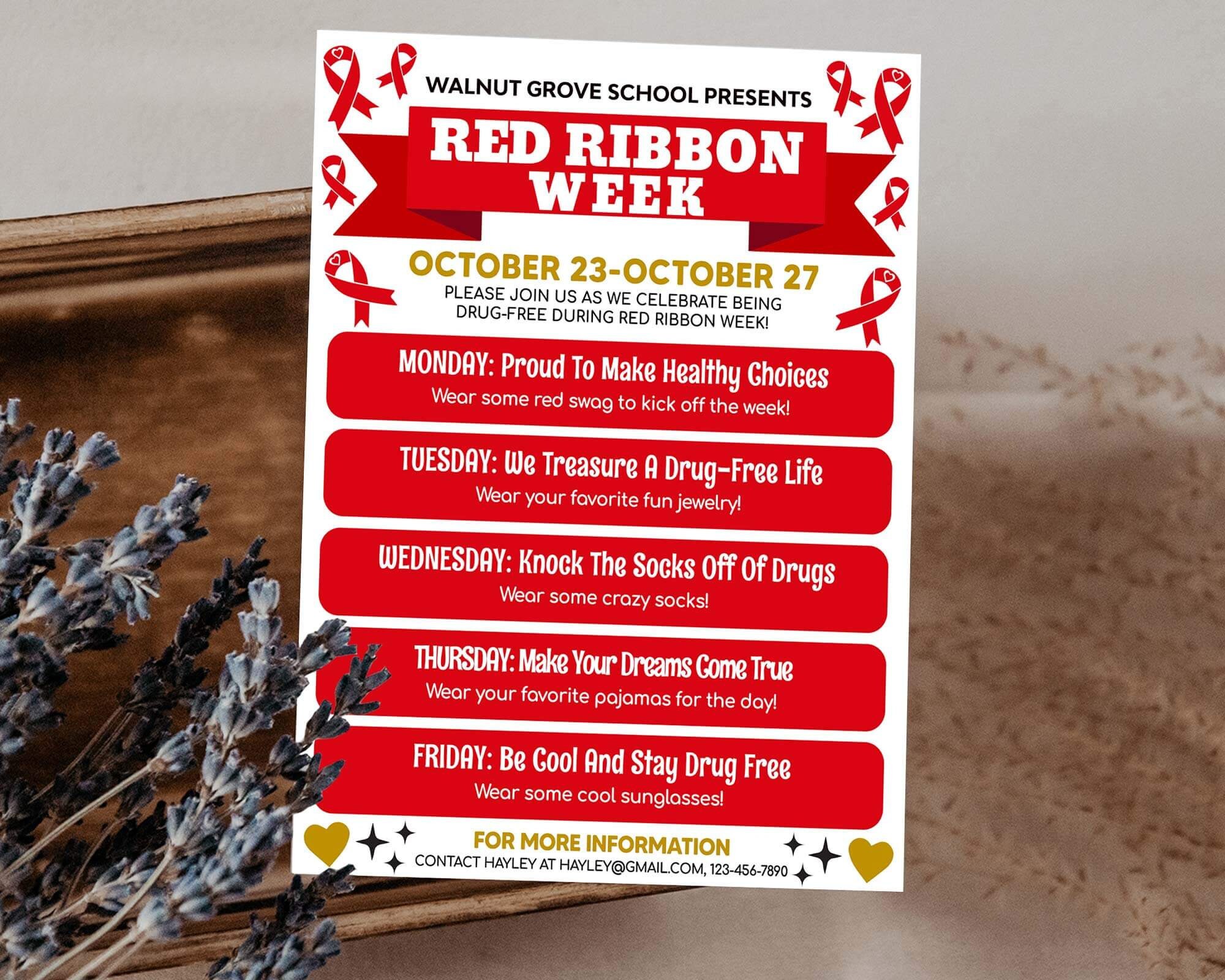 Red Ribbon Week Itinerary Flyer, Red Ribbon Spirit Week Schedule ...