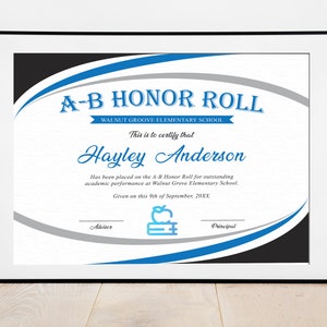 Blue Black AB Honor Roll Certificate, DIY School Award Certificate ...