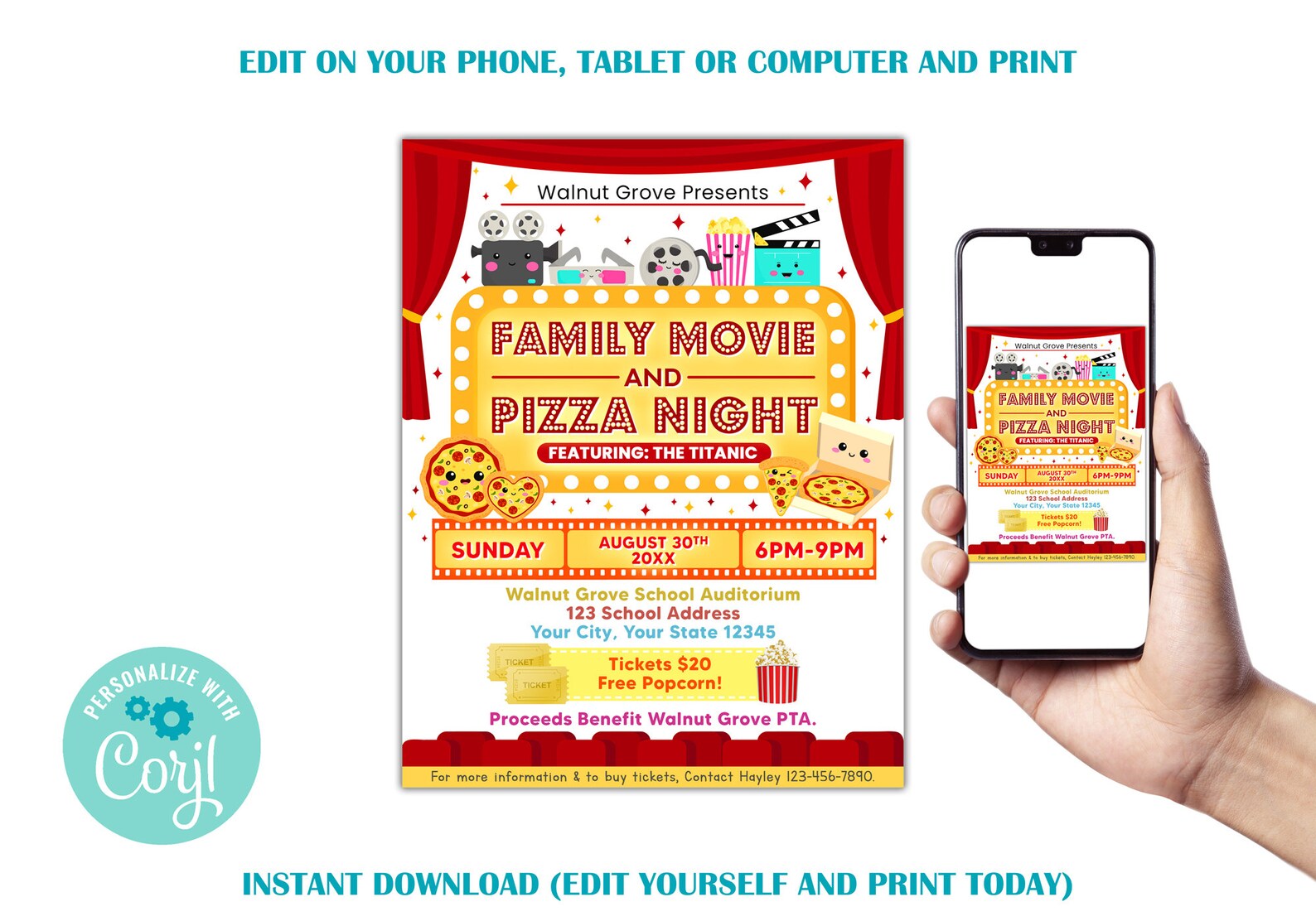 Editable Pizza and Movie Night Flyer Template, Cinema Movie Invitation ...