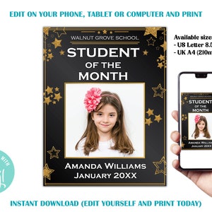 Student of the Month Printable Certificate Template Black, Editable ...