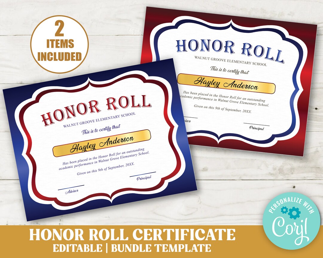 Editable Honor Roll Certificate Blue & Red Bundle, DIY Custom Award ...