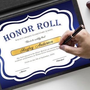 Editable Honor Roll Certificate Template, Royal Blue School Award ...