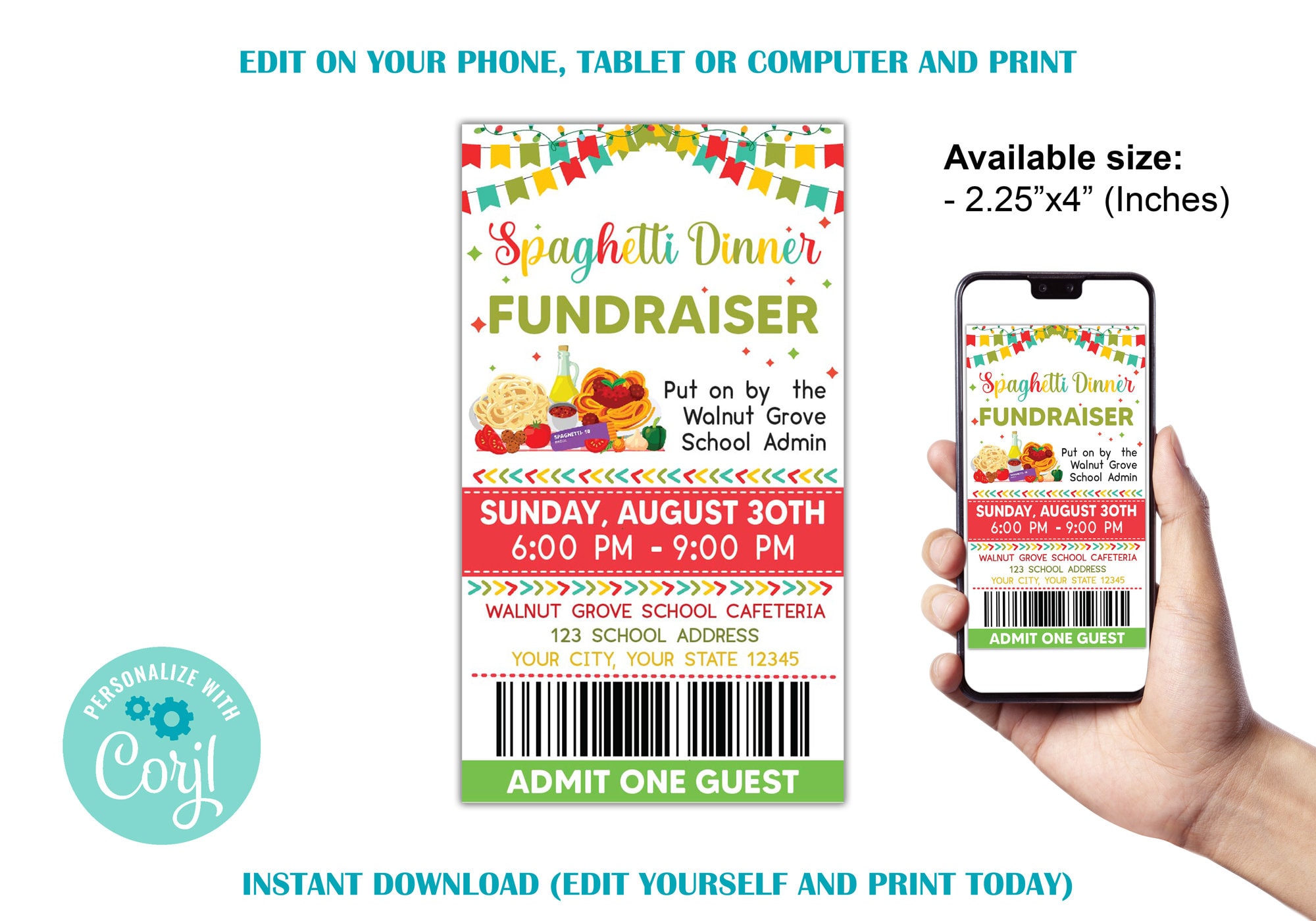 Editable Spaghetti Dinner Ticket Template, Italian Pasta Dinner Admit ...