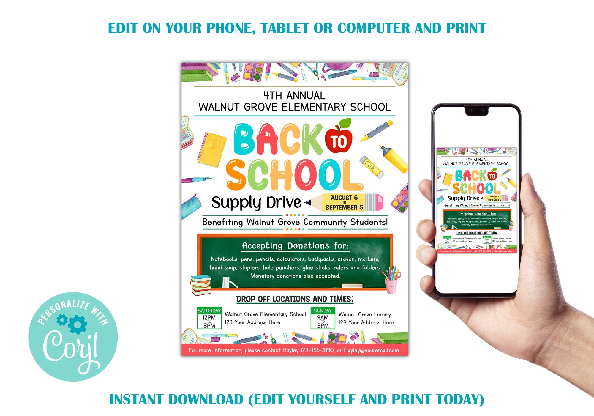 Editable Back to School Flyer, Colorful School Supply Drive Flyer ...