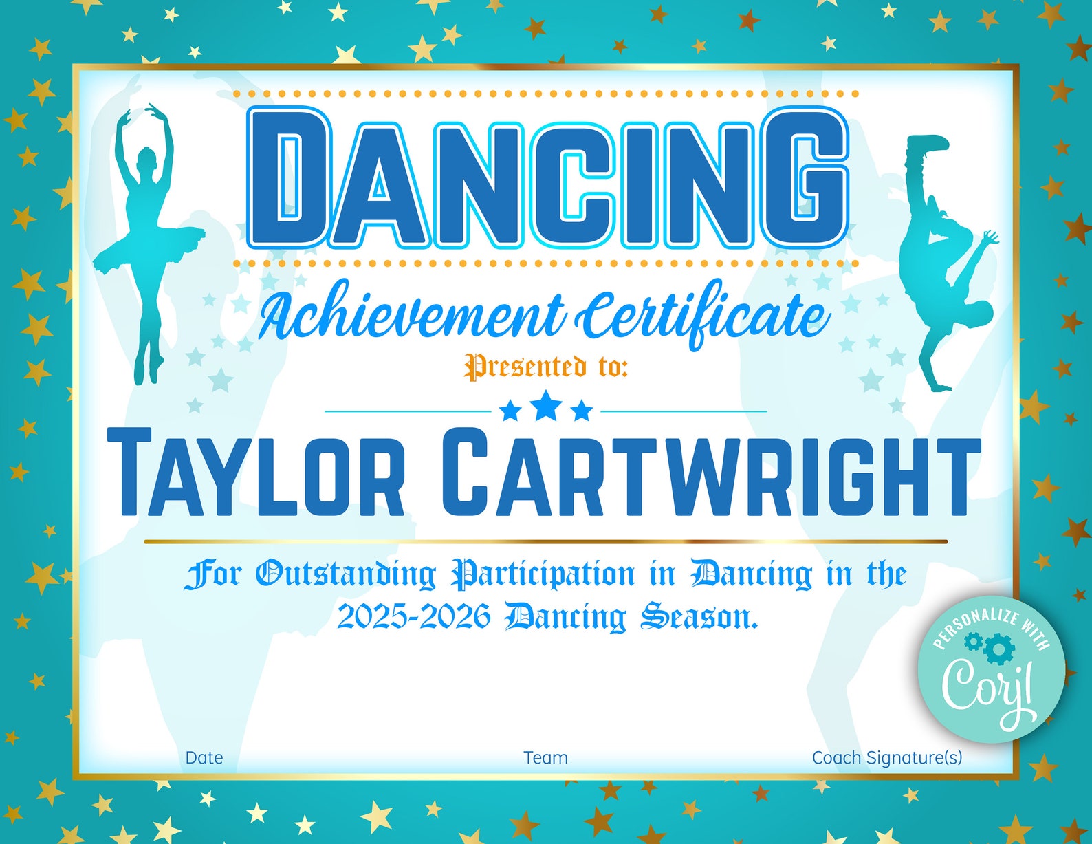 EDITABLE Dancer Certificate Dancing Award Dance Recital - Etsy