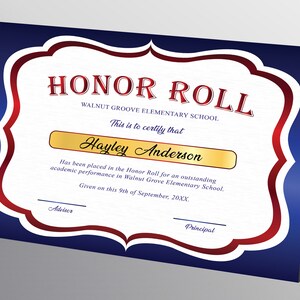 School Award Certificate Template, DIY Honor Roll Award, Red and Blue ...