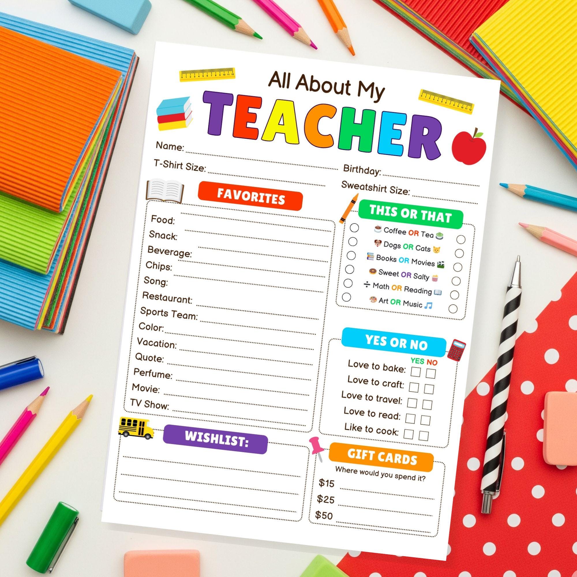 All About My Teacher Editable | Printable Teacher Favorite Things ...