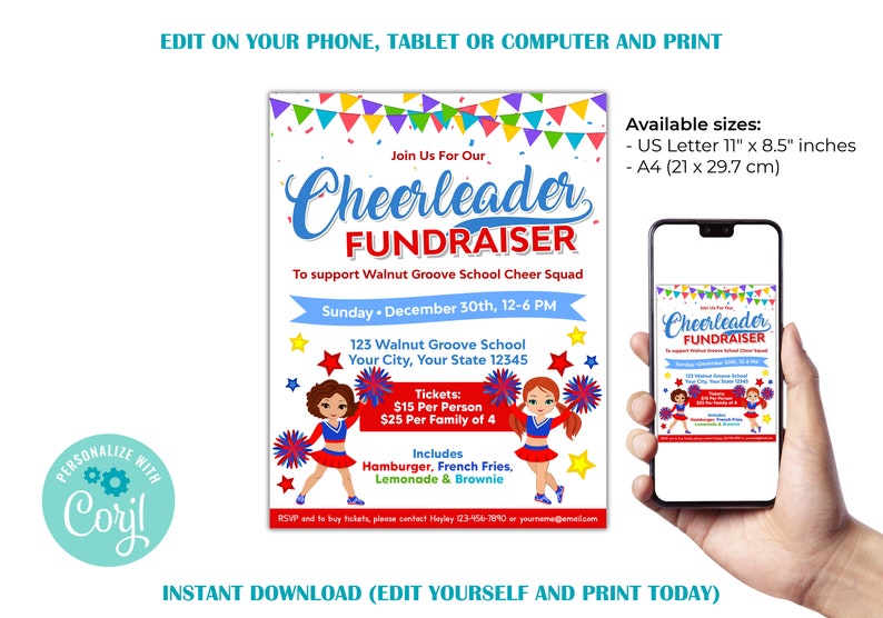 Editable Cheerleader Fundraiser Flyer School PTO PTA - Etsy