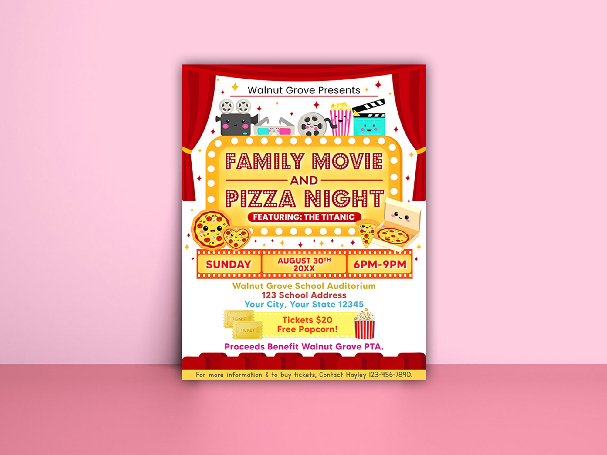 Editable Pizza and Movie Night Flyer Template, Cinema Movie Invitation ...
