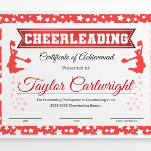 EDITABLE Cheerleader Certificate, Red White Cheer Certificates Sports ...