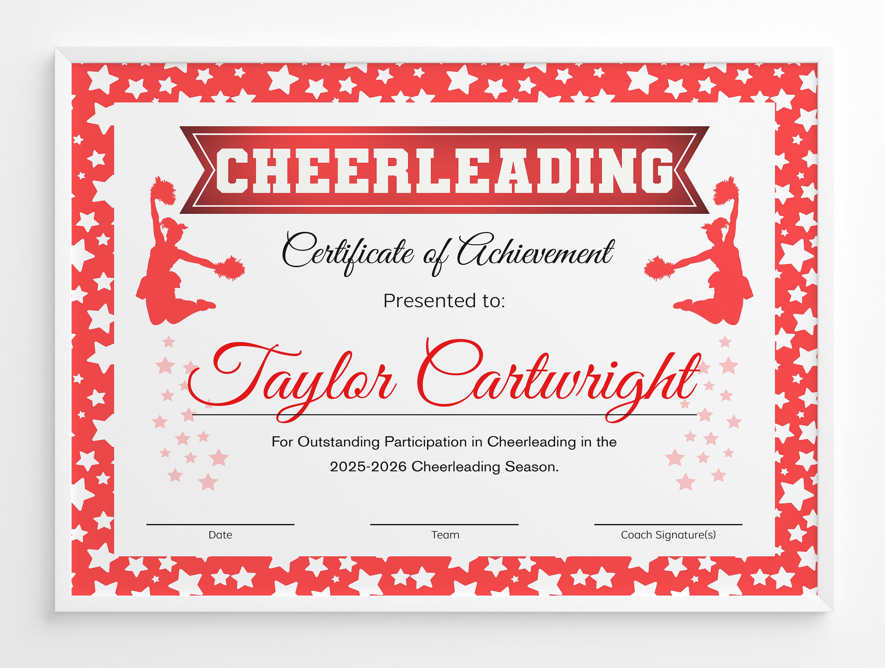 EDITABLE Cheerleader Certificate, Red White Cheer Certificates Sports ...