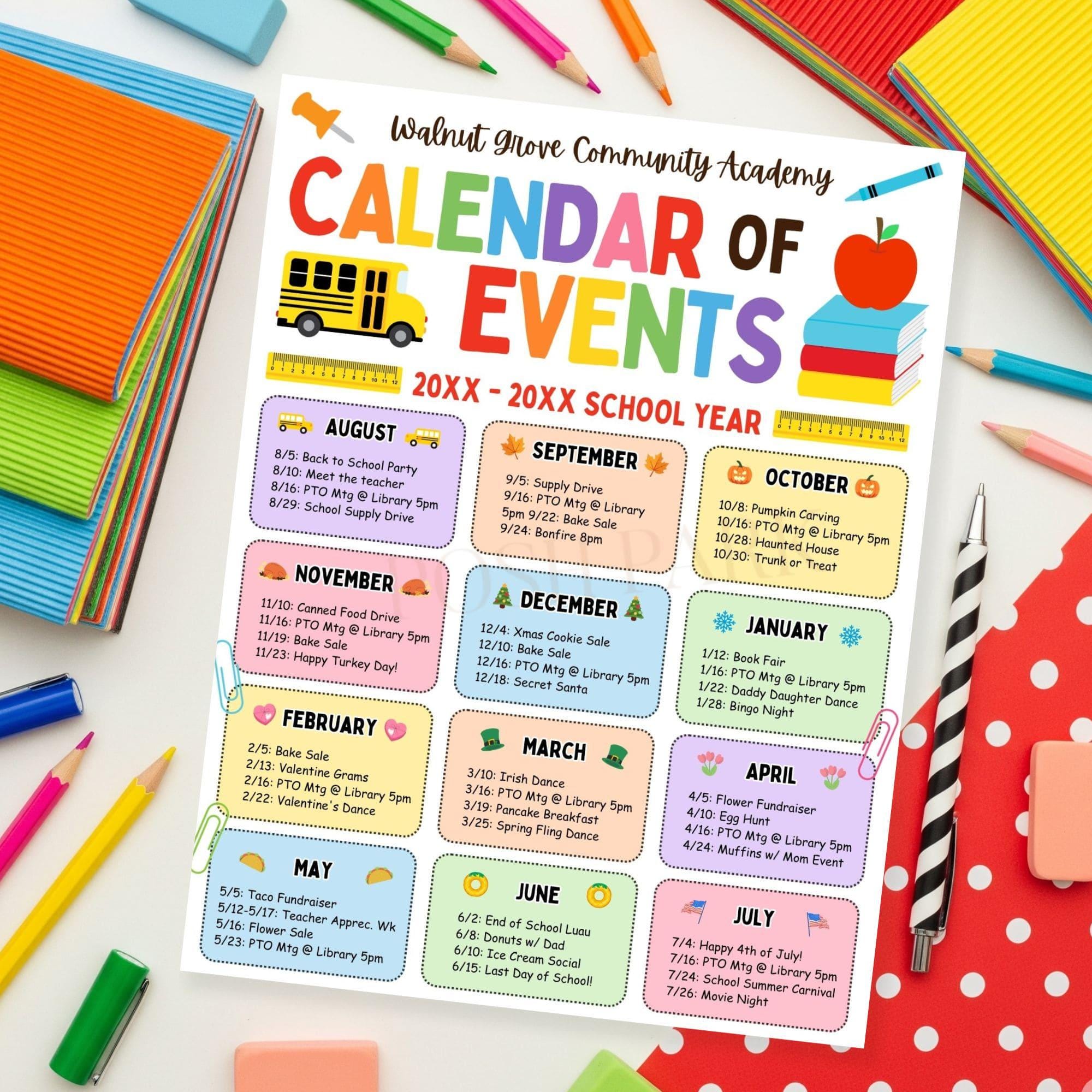Editable PTA Calendar of Events Flyer Template | PTO Monthly Event ...