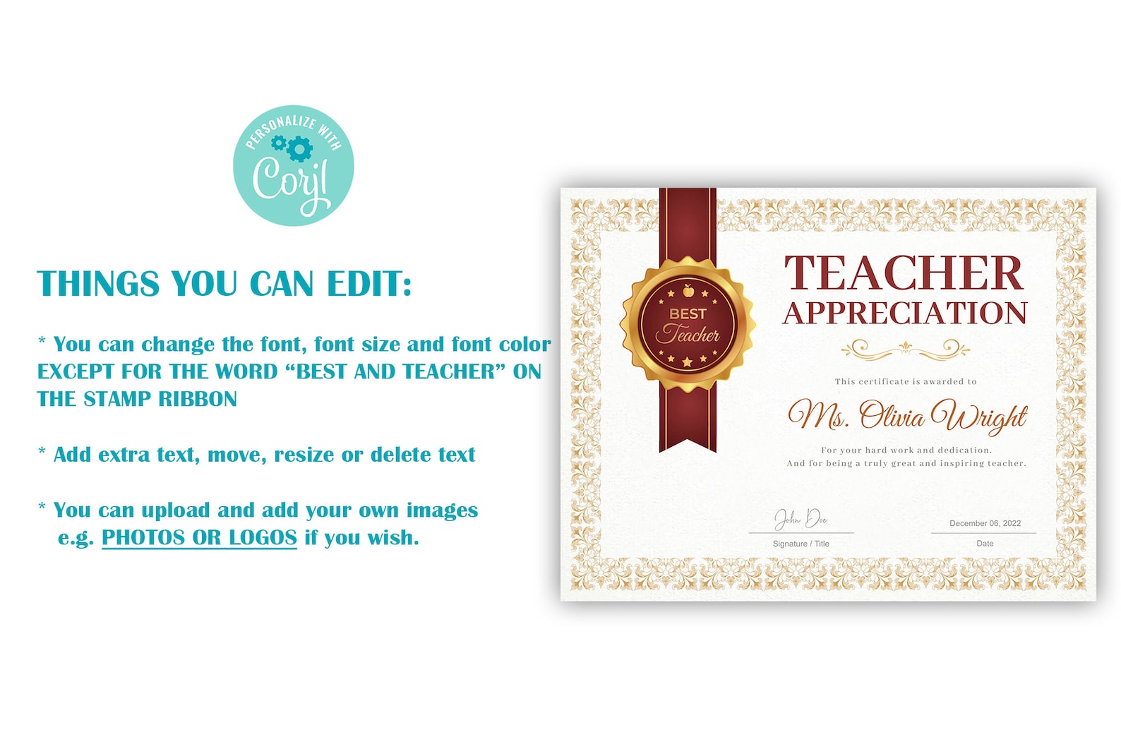Teacher Appreciation Award Certificate Template | Teacher Gift | Award ...