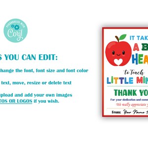 EDITABLE Teacher Appreciation Gift Tags , It Takes A Big Heart to Teach ...