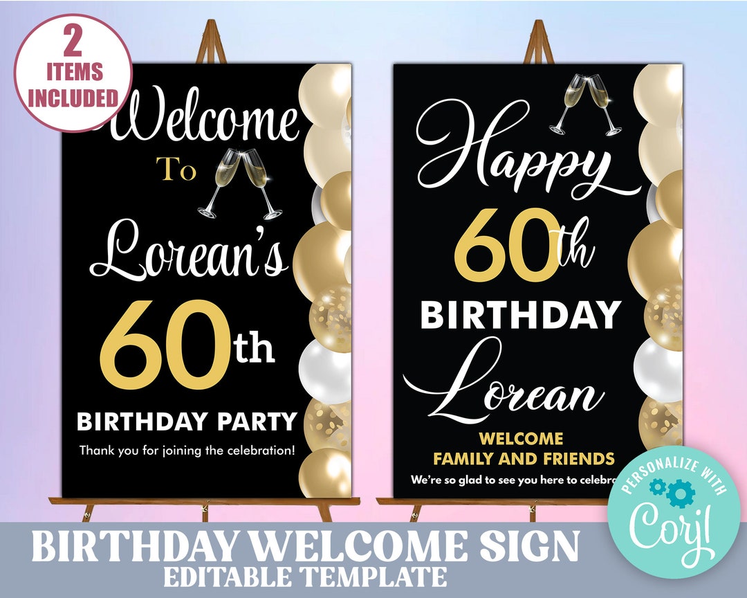 60th Birthday Party Welcome Sign BUNDLE, Editable Black Gold 60th ...