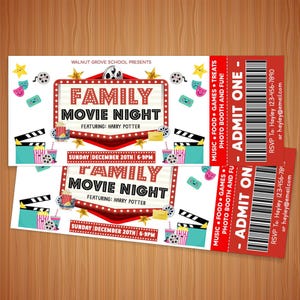 Editable Family Movie Night Flyer and Ticket Bundle Template, School ...