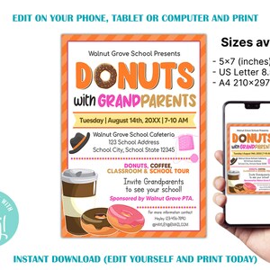 Donuts With Grandparents Flyer Template, Editable PTO PTA Family Event ...