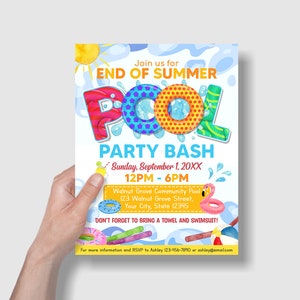 EDITABLE End of Summer Pool Party Invitation, Back to School Pool Party ...