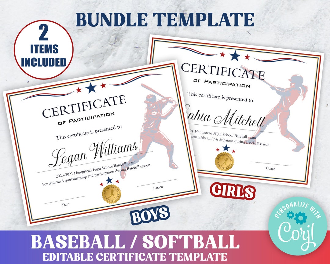 Editable Baseball Certificate Template Bundle for Boys and Girls Red ...