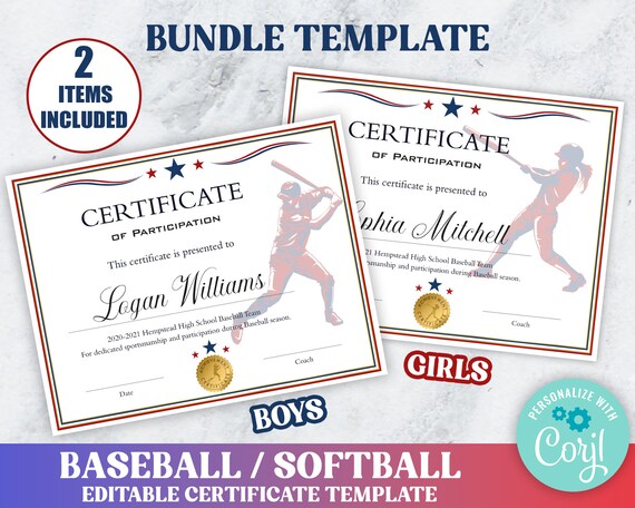 Editable Baseball Certificate Template Bundle for Boys and Girls Red ...