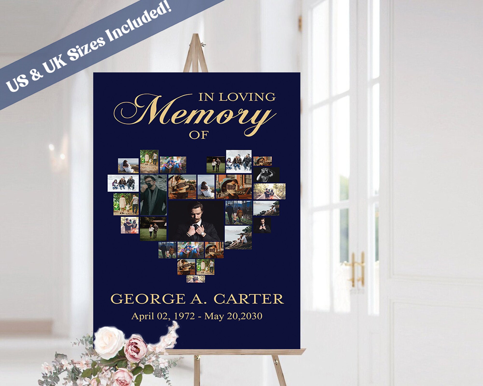 EDITABLE Funeral Poster Photo Display Set, Navy Blue in Loving Memory ...