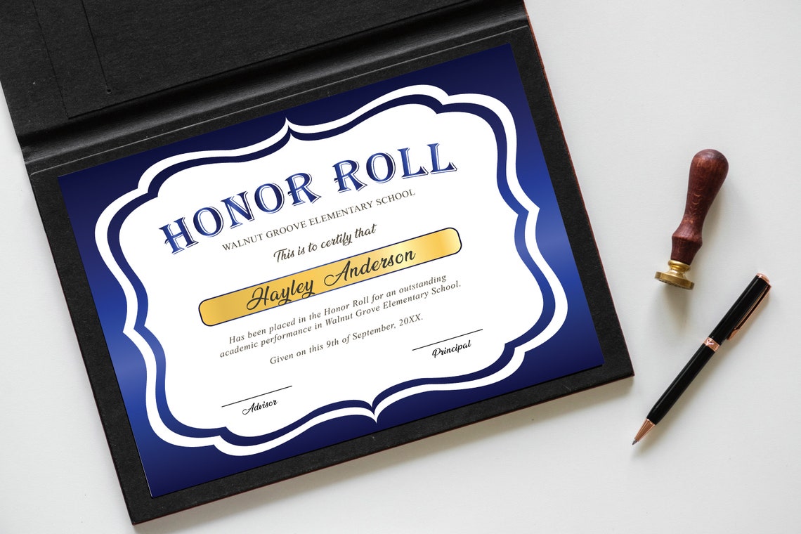 Editable Honor Roll Certificate Template, Royal Blue School Award ...
