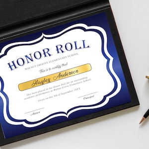Editable Honor Roll Certificate Template, Royal Blue School Award ...