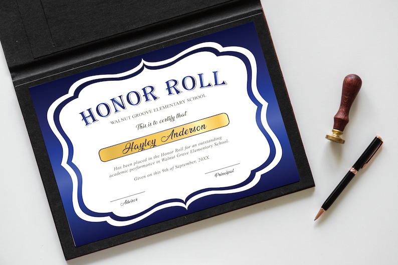 Editable Honor Roll Certificate Template, Royal Blue School Award ...