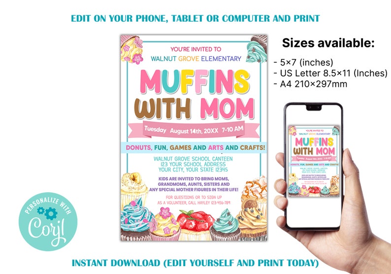 Editable Muffins With Mom Invitation, PTO PTA Fundraiser Flyer, Mother ...