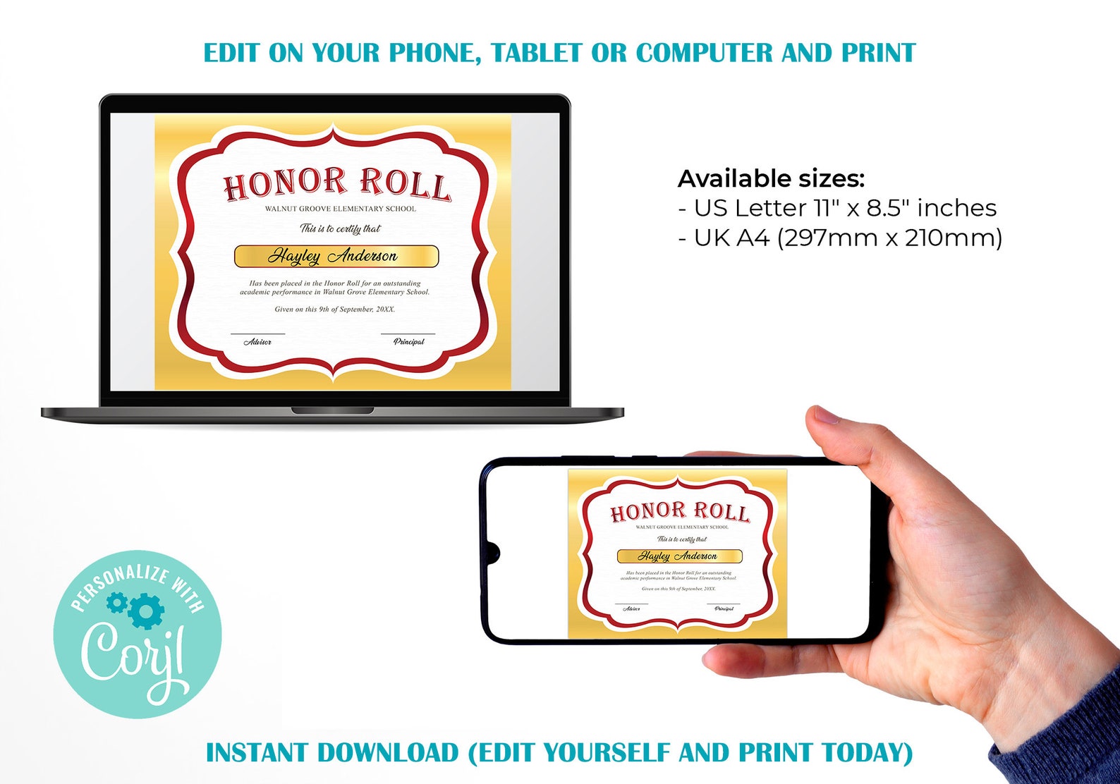 Editable Honor Roll Award Certificate, Beige Red School Certificate ...