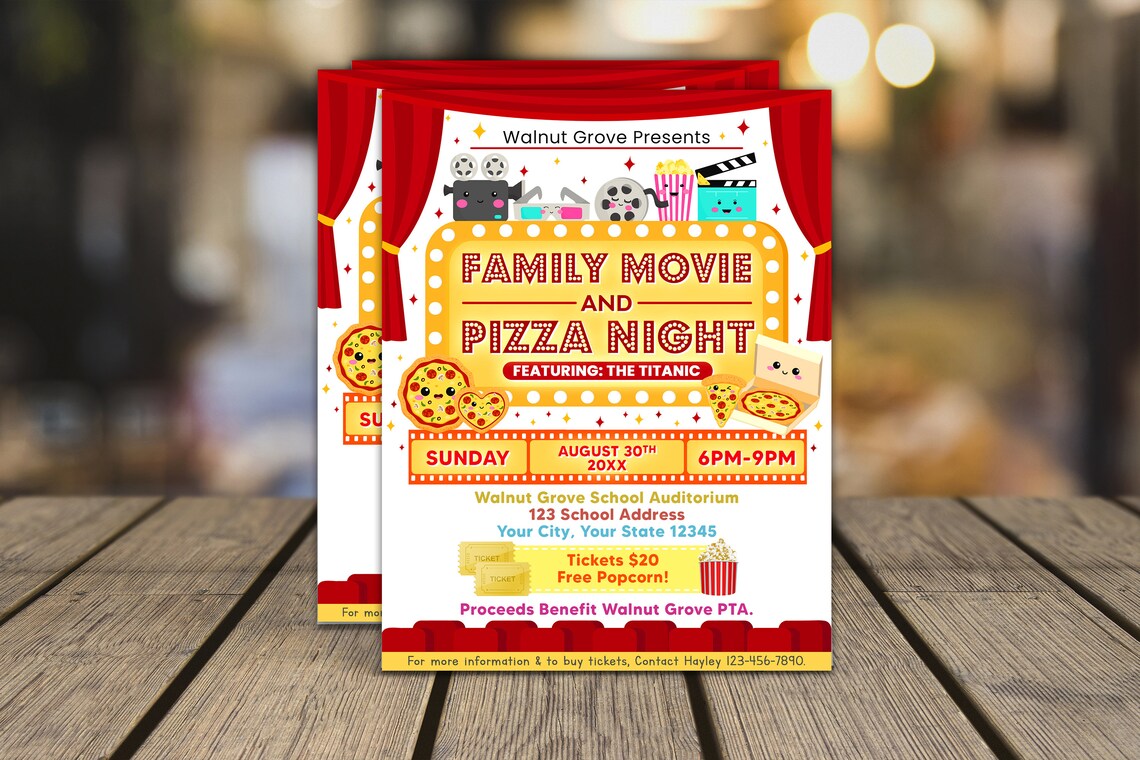 Editable Pizza and Movie Night Flyer Template, Cinema Movie Invitation ...