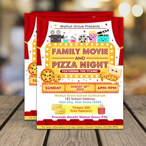 Editable Pizza and Movie Night Flyer Template, Cinema Movie Invitation ...