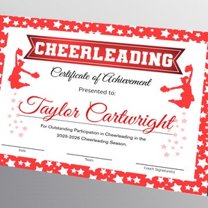 EDITABLE Cheerleader Certificate, Red White Cheer Certificates Sports ...