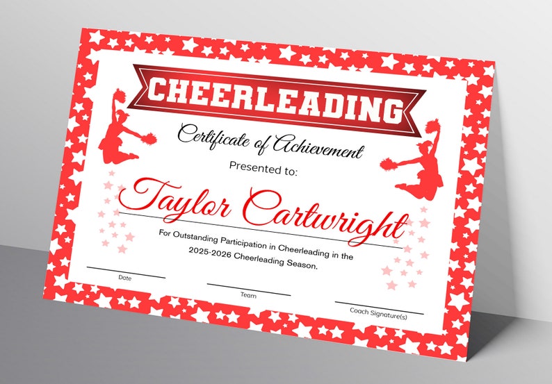 EDITABLE Cheerleader Certificate, Red White Cheer Certificates Sports ...