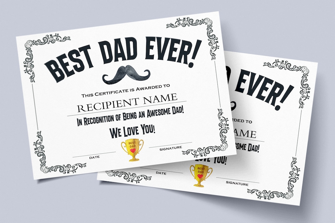 Father Certificate, Best Dad Ever Certificate Award, World's Best Dad ...