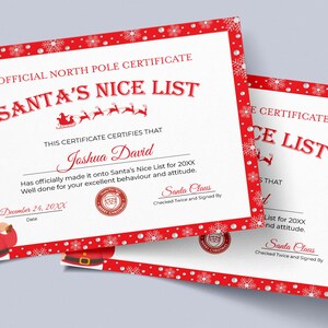 Downloadable Christmas Nice List Certificate From Santa, Red White ...