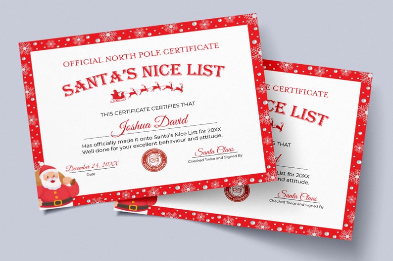 Downloadable Christmas Nice List Certificate From Santa, Red White ...
