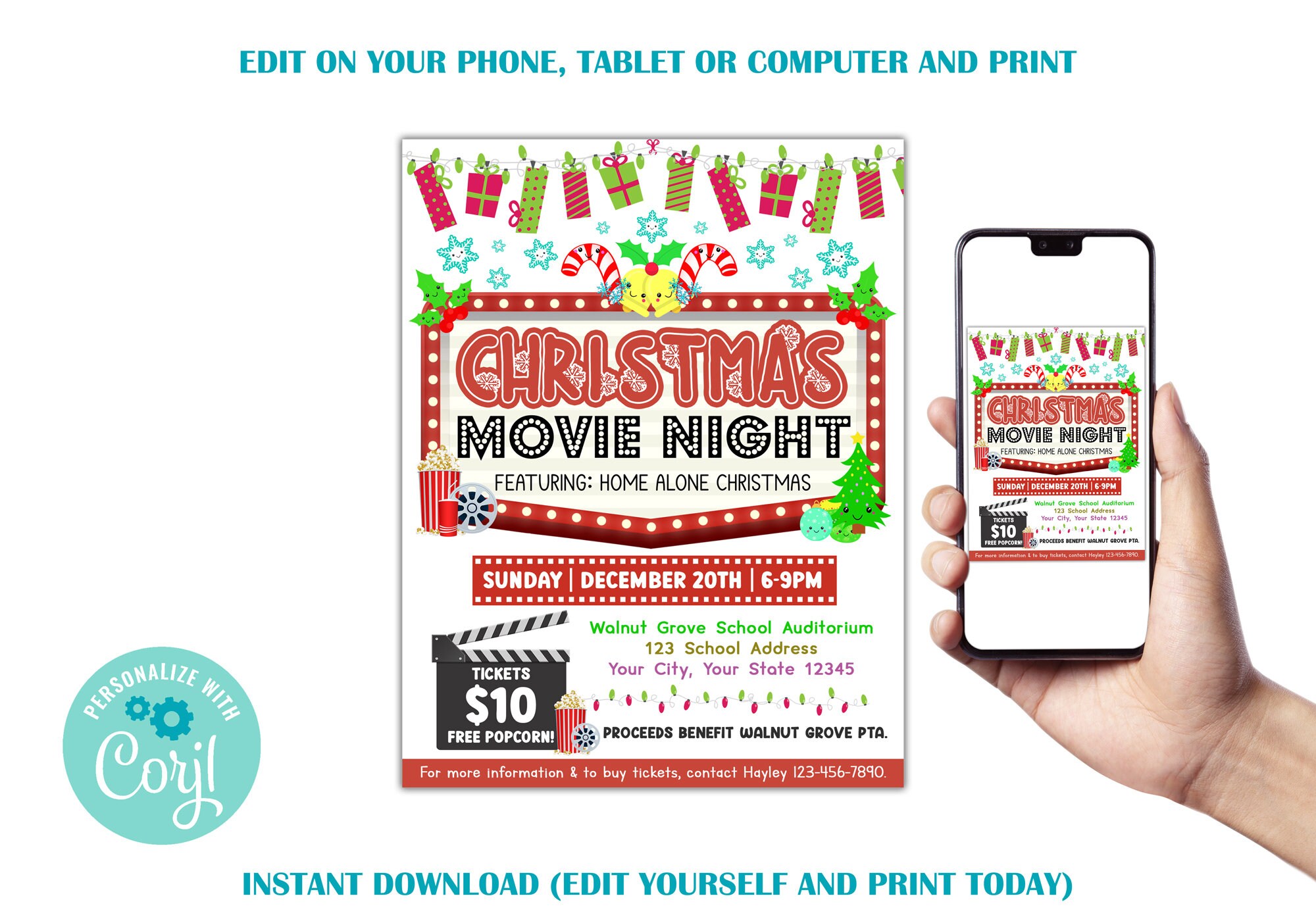 Editable Christmas Movie Night Flyer, Xmas School Church Benefit ...