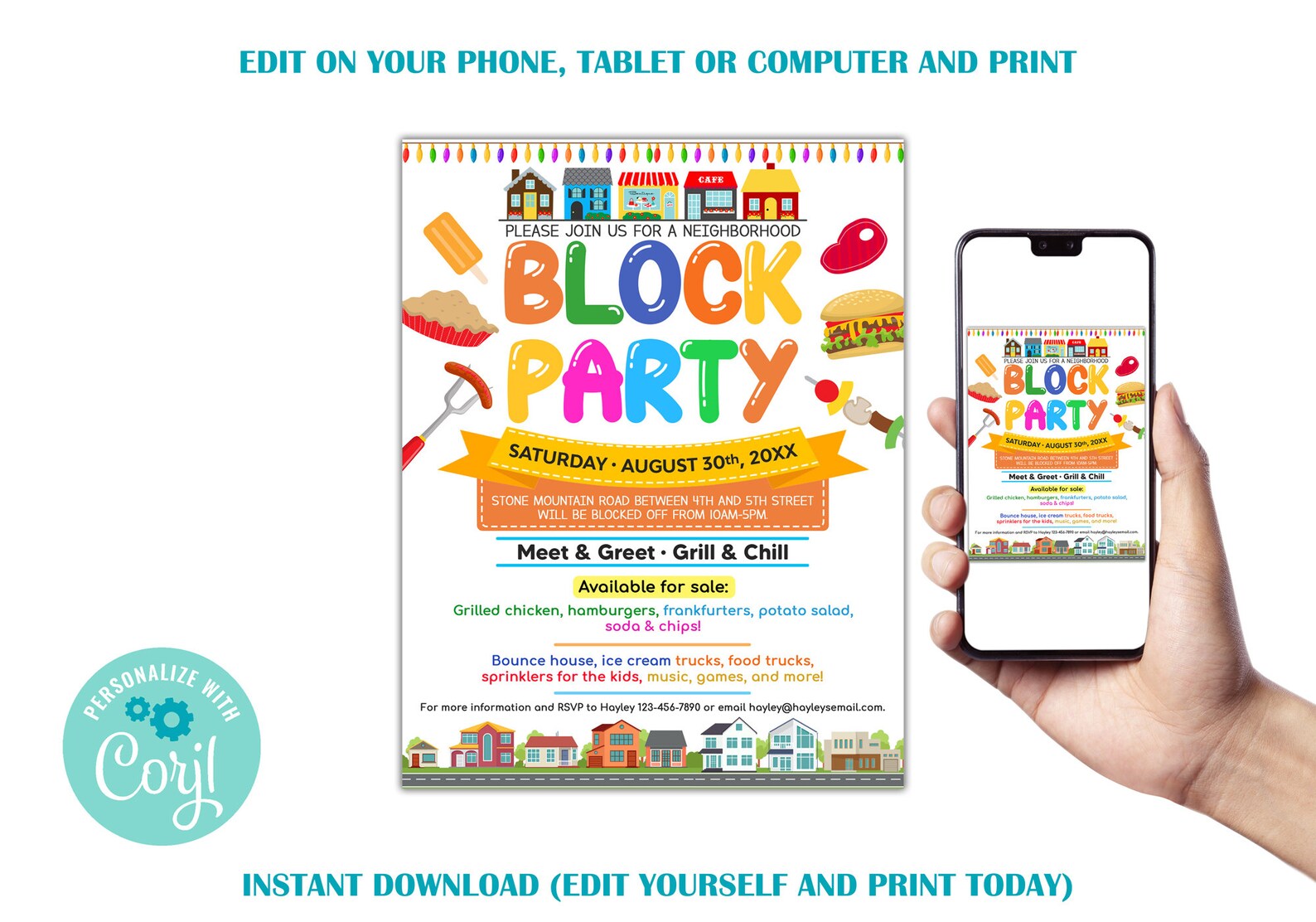 EDITABLE Neighborhood Block Party Invitation, Bbq Picnic Summer Party ...