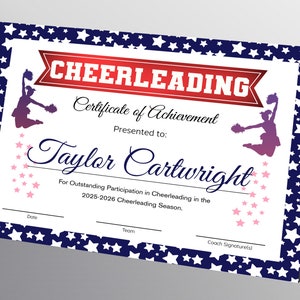 EDITABLE Cheerleader Certificate Red and Blue, Cheerleading Award ...
