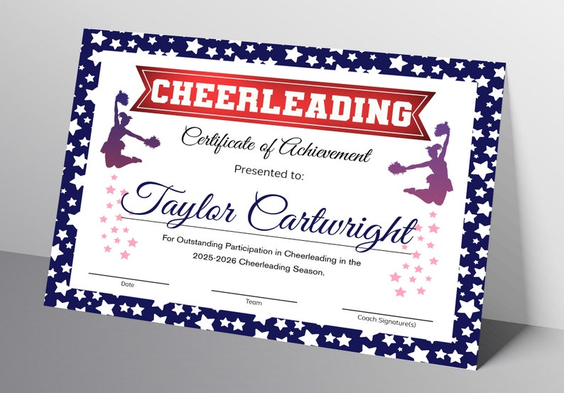 EDITABLE Cheerleader Certificate Red and Blue Cheerleading - Etsy