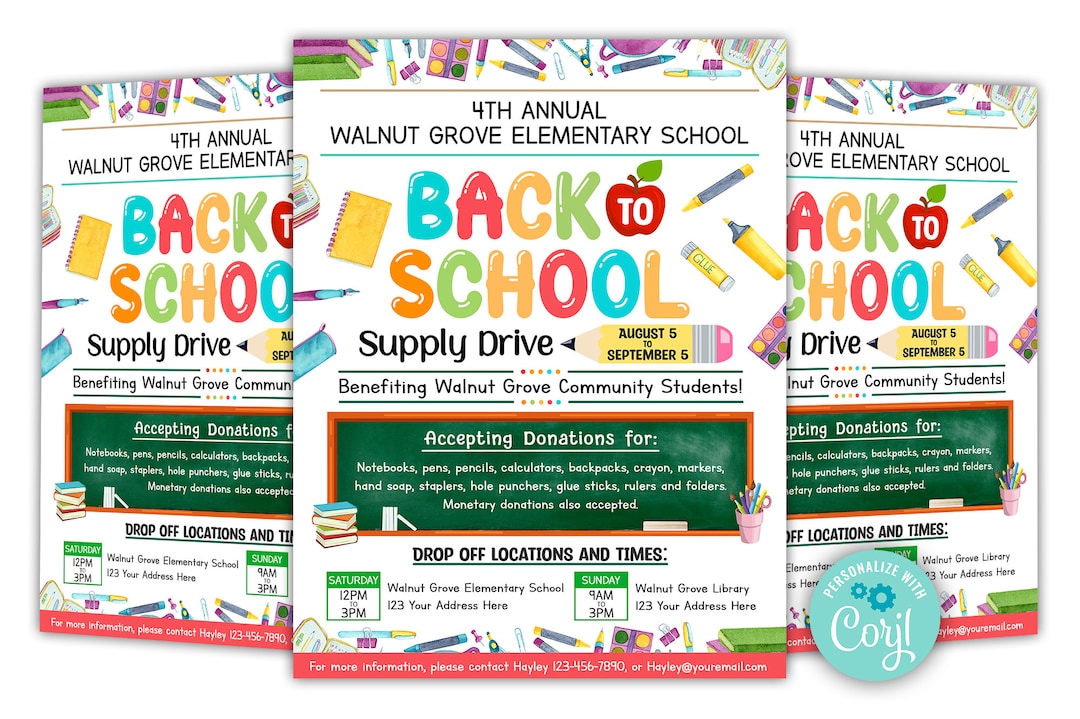 Editable Back to School Flyer, Colorful School Supply Drive Flyer ...