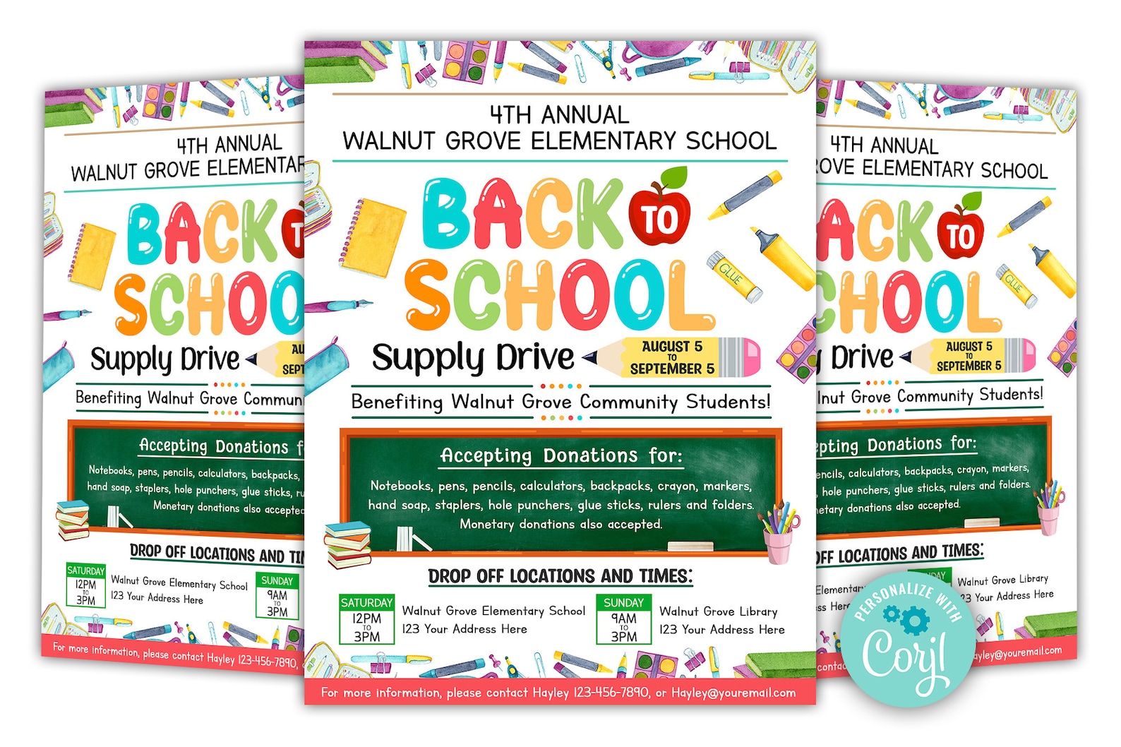 Editable Back to School Flyer, Colorful School Supply Drive Flyer ...