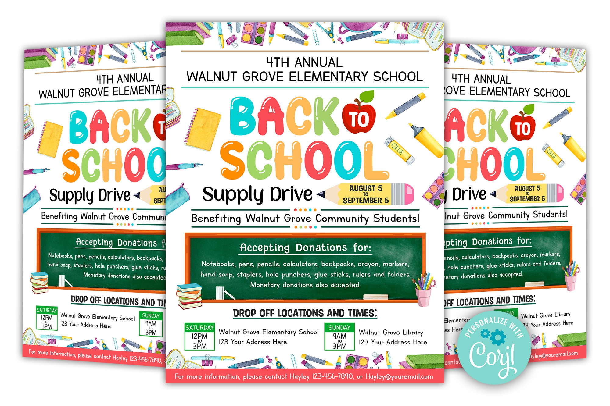 Editable Back to School Flyer, Colorful School Supply Drive Flyer ...