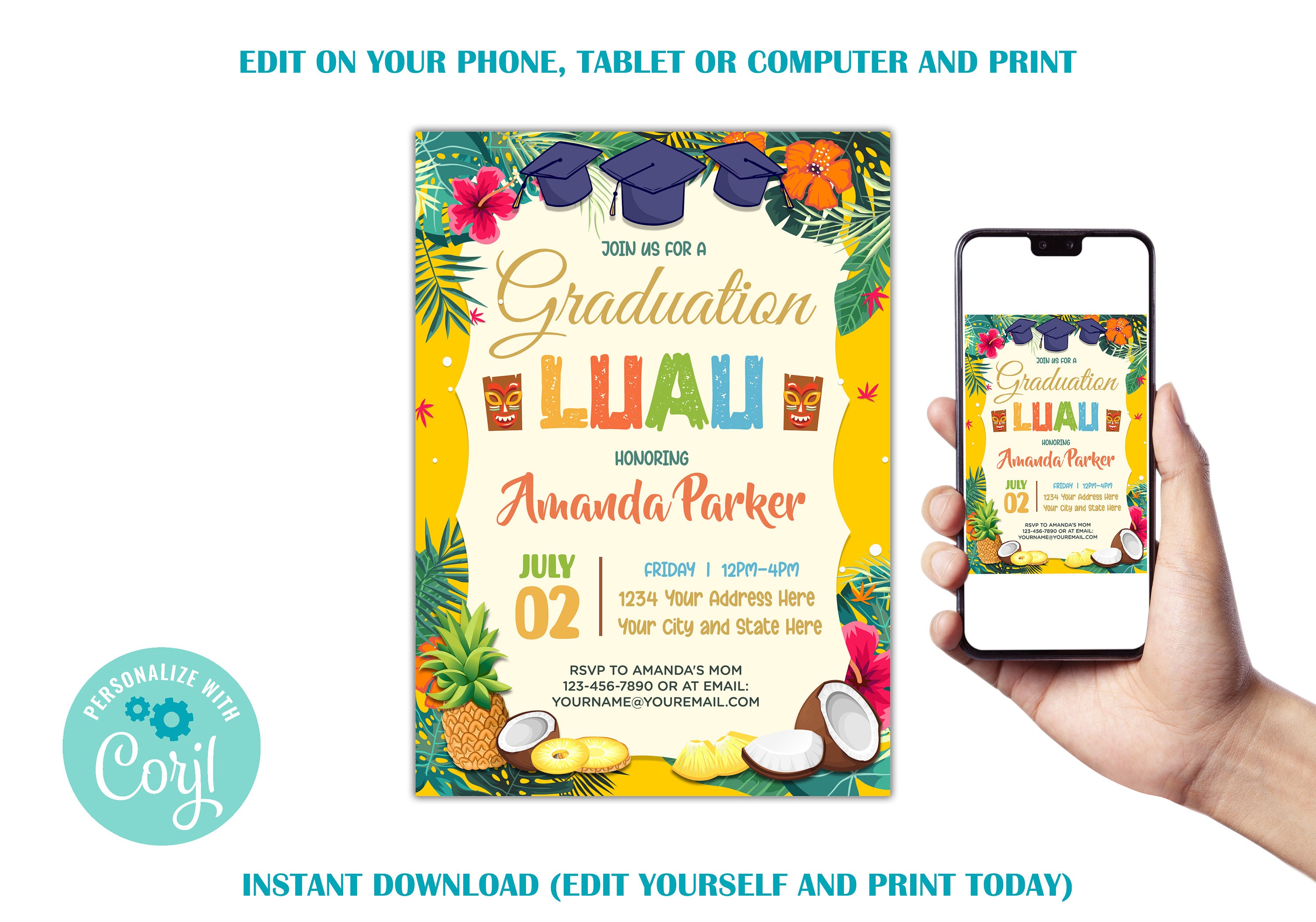 Luau Graduation Invitation Luau Party Invites Tropical | Etsy